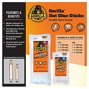 Gorilla Hot Glue Sticks, Mini Size, 4" Long x .27" Diameter, 75 Count, Clear, (Pack of 1)