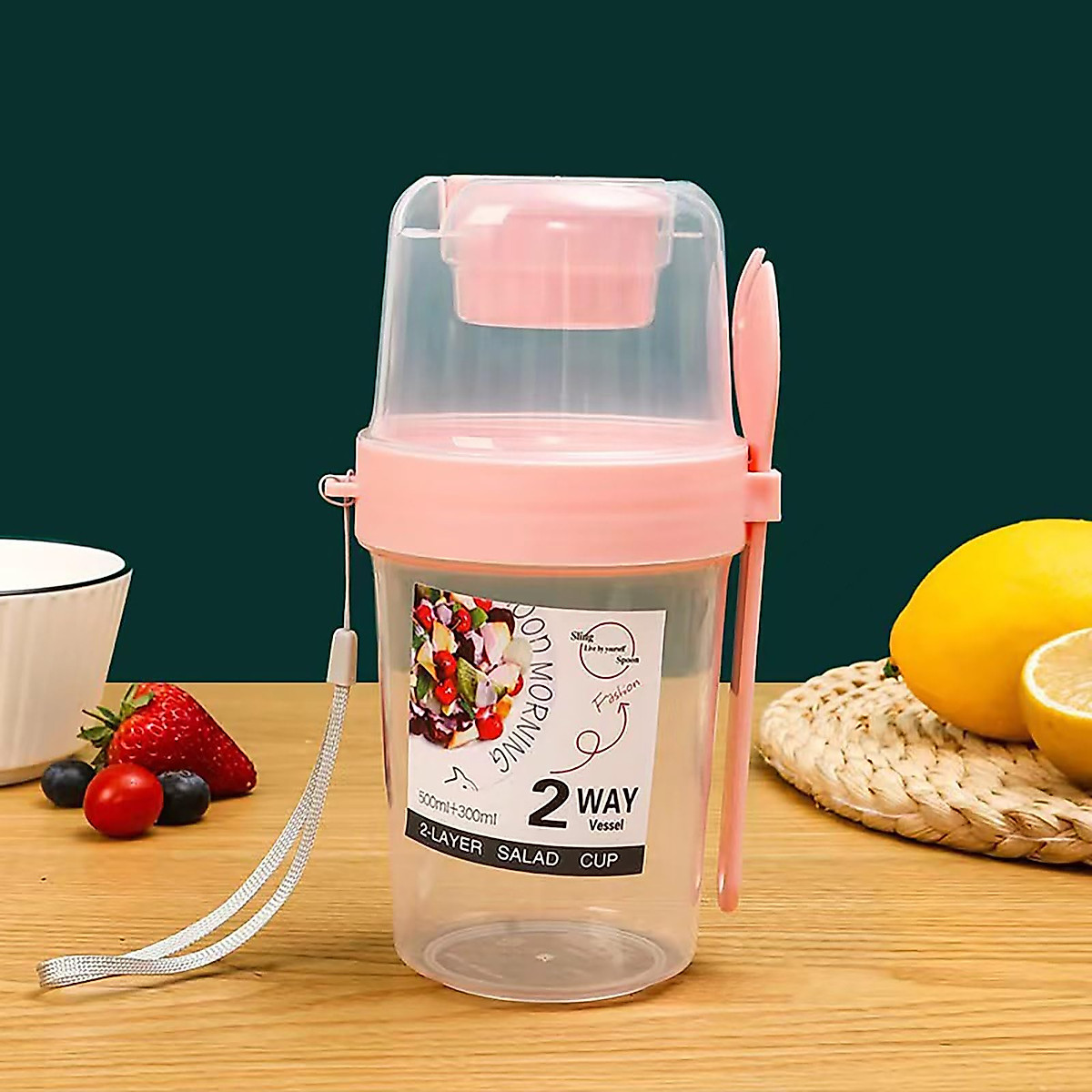 jyibinee Cereal Breakfast Cup Food Preservation Box Salad Transparent Portable Separated Two Compartments Oatmeal Nut Yogurt Container with Fork School Lunch Pink