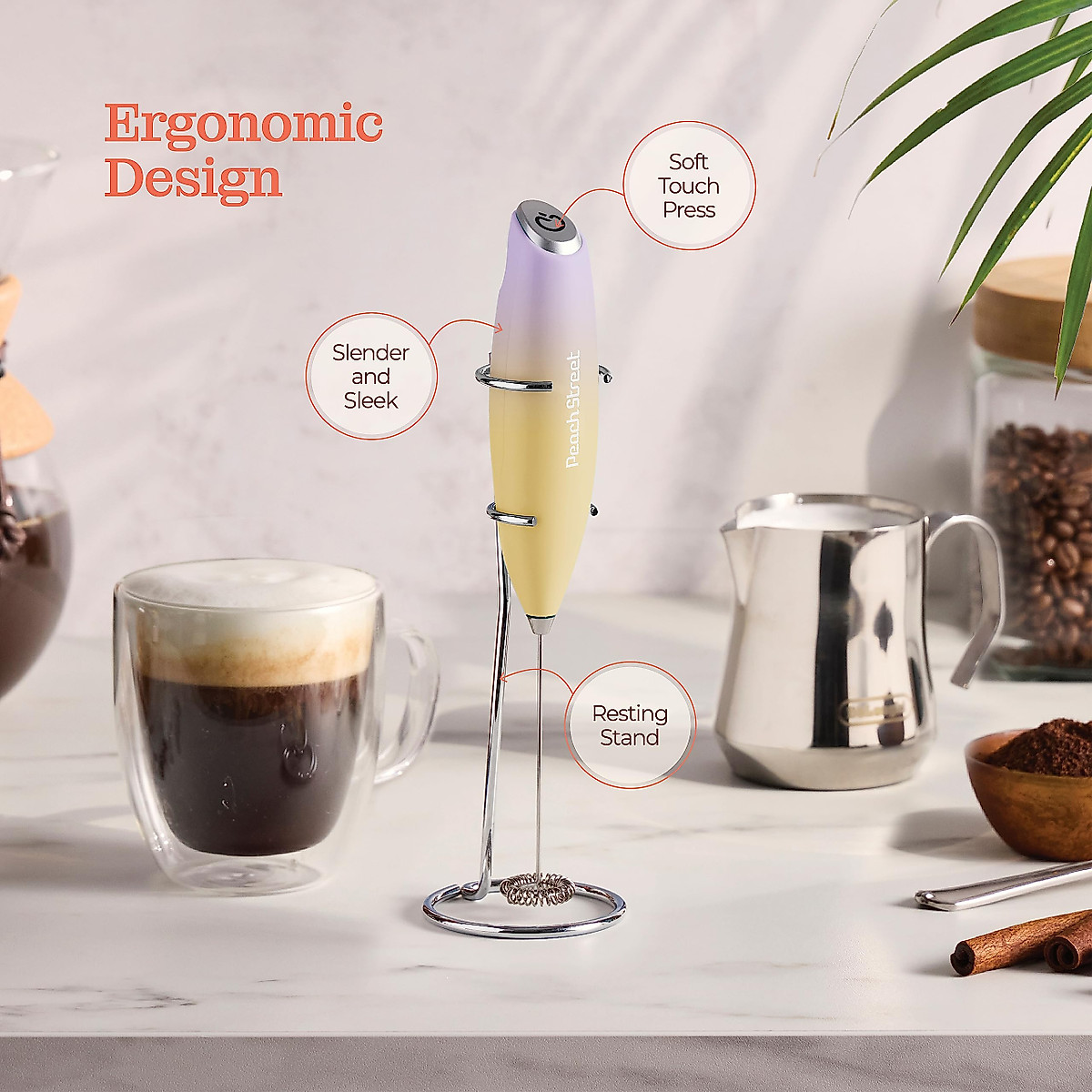 Powerful Handheld Milk Frother, Mini Milk Foamer, Battery Operated (Not included) Stainless Steel Drink Mixer with Frother Stand (Lavender Banana)
