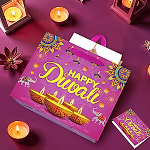 Happy Diwali Gift Bags Diwali Party Supplies Festival of Lights Favors Gift Bags with Wrapping Paper and Card Large Indian Diwali Wrapping Paper Bag Pink Candlelight Goodie Bags Deepavali Decoration