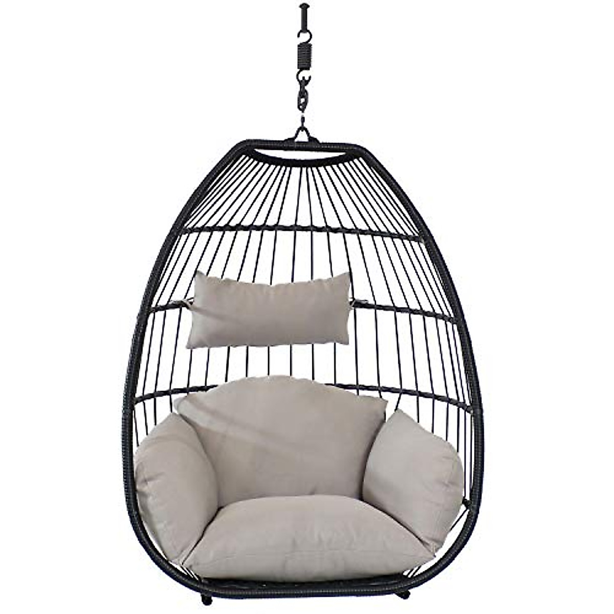 Sunnydaze Oliver Hanging Egg Chair with Seat Cushions - Bohemian Black Resin Wicker Hanging Chair with Collapsible Nylon Rope Back and Gray Polyester Cushions - 48-Inch
