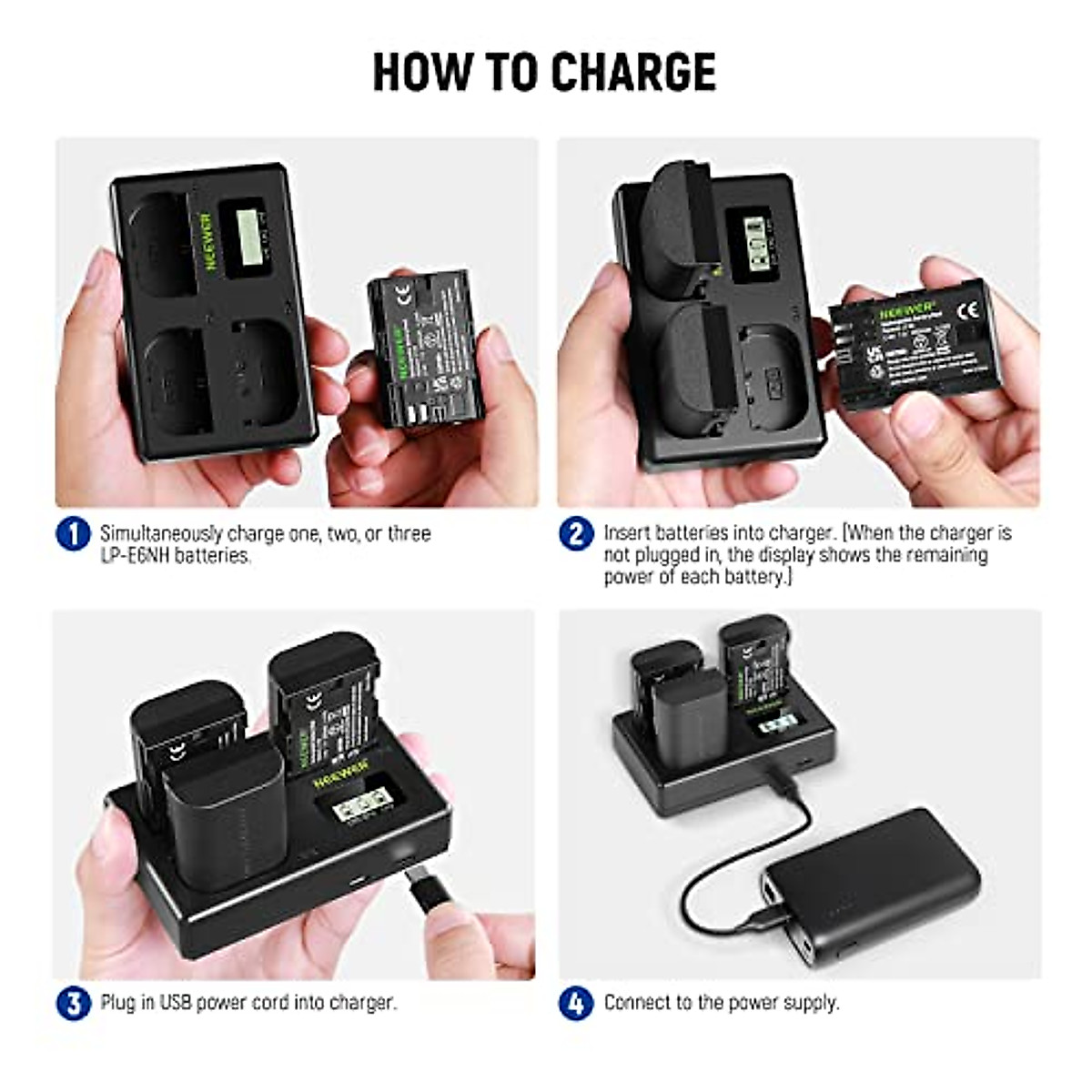 NEEWER LP-E6 Replacement Battery and Charger Set, 3 Pack 2000mAh Replacement for LP-E6 LP-E6N & Triple Slot USB Charger Compatible with Canon EOS 5D Mark II Mark III Mark IV 5D SR 60D 60Da 6D 70D 7D