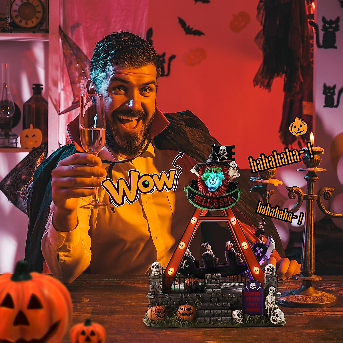 Chonsun Halloween Decoration Indoor Village House - Halloween Village Set Bumper Cars Pumpkin Skeleton Ghost Halloween Table Figurines with Motion and Creepy Laughter USB Powered Home Decor