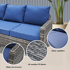 Outdoor Patio Sofa Set 3 Seat Couch, All Weather Comfort Rattan sofa with High Back and Navy Blue Cushions,Outdoor Sofa Set Furniture with Premium Brown Wicker for Garden, Backyard, Porch,Dark Blue