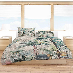 Lsrtoss Summer Palm Trees California King Duvet Cover Set, Vintage Botanical Tropical Leaves Microfiber 3 Piece Bedding Set with 2 Pillowcases & 1 Quilt Cover, 92" W x 106" L, California King Size