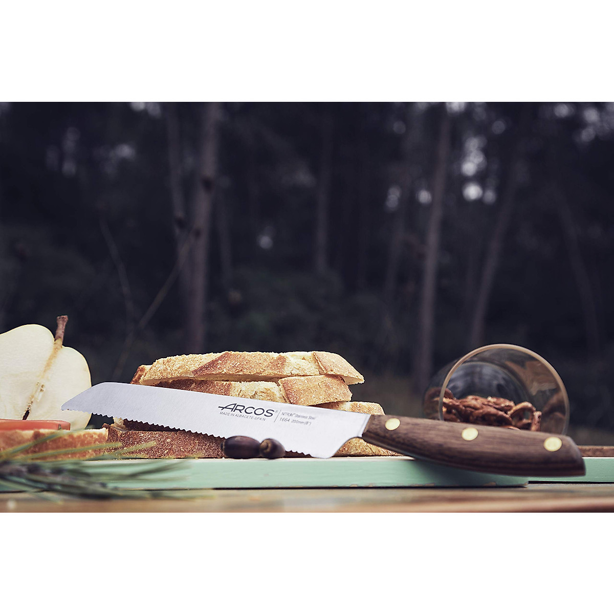 ARCOS Bread Knife 8 Inch Nitrum Stainless Steel and 200 mm blade. Obtain a great variety of cuts for your food. Ideal knife for daily domestic use. Series Nordika. Color Brown.
