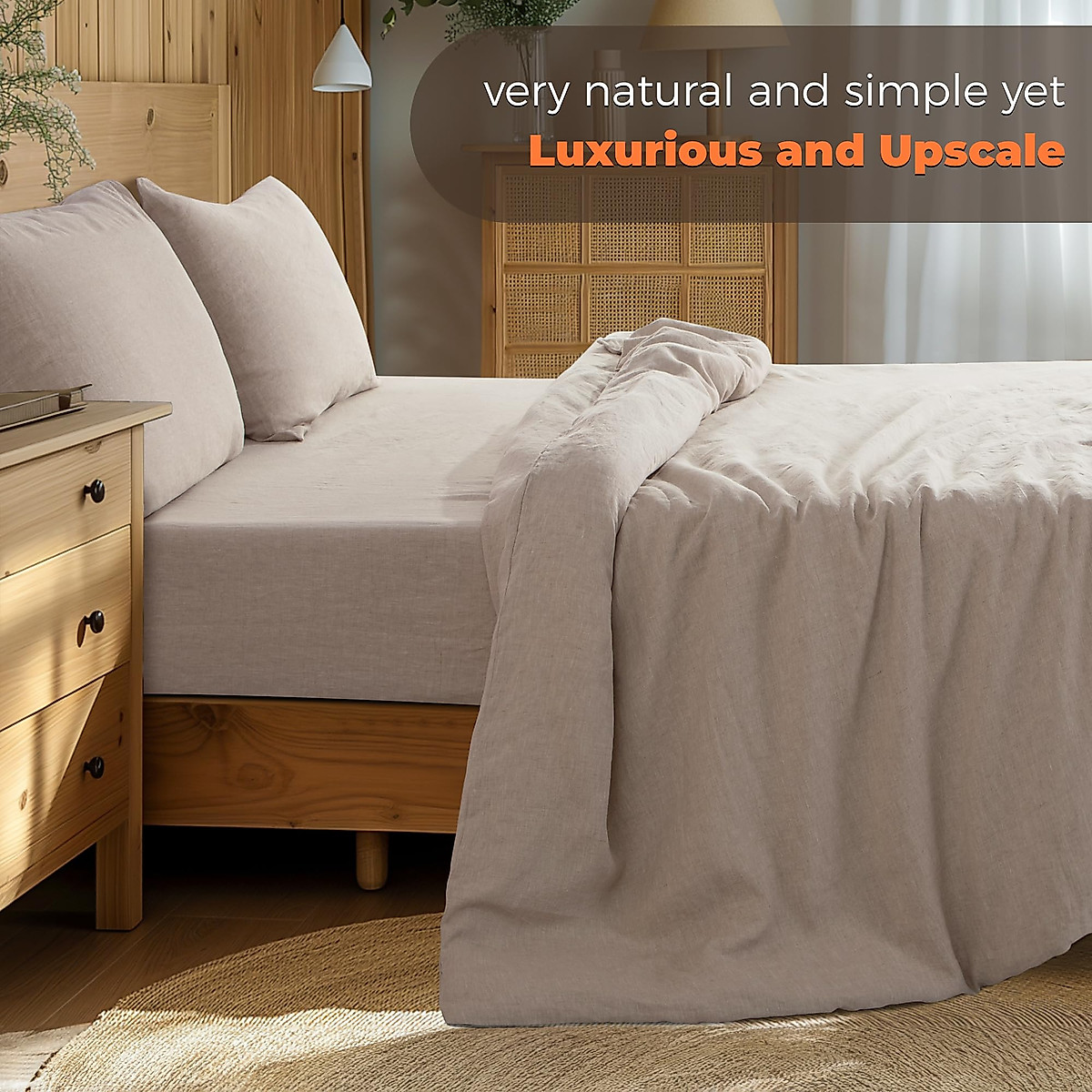 REDASW 100% France Linen Duvet Cover King Size,3-Piece Bed Sheet Set, Solid Natural Cotton Blend Soft Breathable, Suitable for All Seasons (Linen)