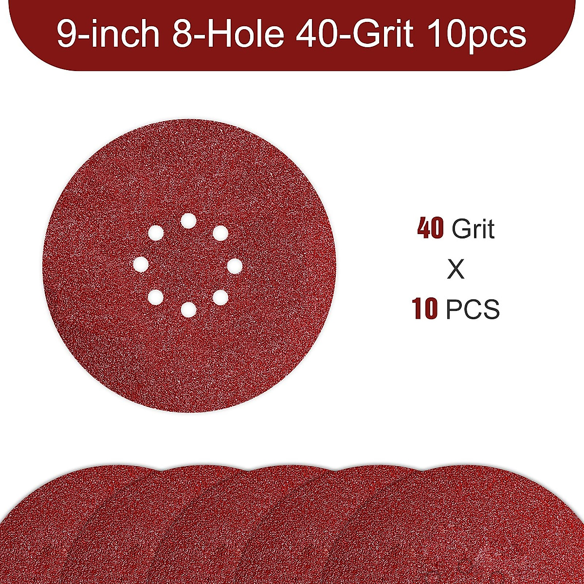 Awutzut 9 inch Sanding Discs 40 Grit 8 Holes Hook and Loop Sandpaper for Drywall Sander 10Pack