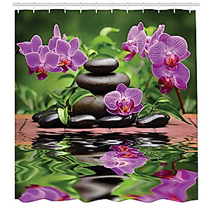 Ambesonne Spa Shower Curtain, Basalt Stones and Orchid Reflecting on Water Greenery Wellbeing Tropical, Cloth Fabric Bathroom Decor Set with Hooks, 69" W x 70" L, Green Fern