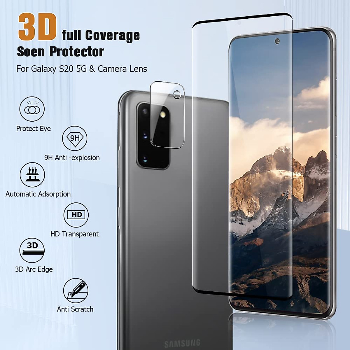 Geviaho [2+2 Pack] Galaxy S20 Screen Protector with Camera Lens Protector, Fingerprint Unlock Support, 9H Tempered Glass, 3D Full Coverage Scratch Resistant, for Samsung Galaxy S20 6.2 Inch