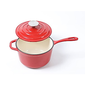 HAWOK Enameled Cast Iron Saucepan, 2QT Saucepan with Lid and Long Handle, Red