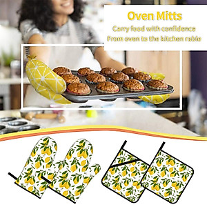 Lemon Flower White Oven Mitts and Pot Holders Heat Resistant 4 Pcs Sets Waterproof Non-Slip for BBQ Cooking Baking Grilling