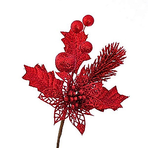 Giga Gud 5 Pack Christmas Glitter Berries Stems, 9 Inch Artificial Christmas Picks for Christmas Tree Ornaments, DIY Xmas Wreath, Crafts, Holiday and Home Decor (red)