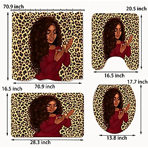 Classic African American Shower Curtains for Bathroom, Bathroom Sets with Shower Curtain and Rugs, Toilet Lid Cover Bath Mat, 4PCS Black Girl Leopard Print Bathroom Accessories (Yellow)