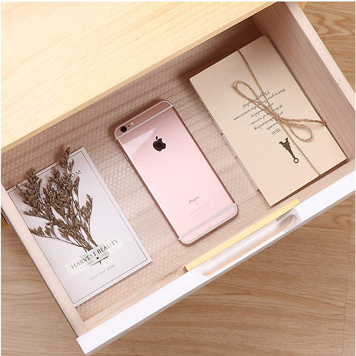 Bloss Shelf Liners for Kitchen Cabinets -12 Inch x 20 Feet, Non Adhesive Cabinet and Drawer Liner, Roll, Double Sides Liners for Drawers, Shelves, Kitchen (Clear Dots)