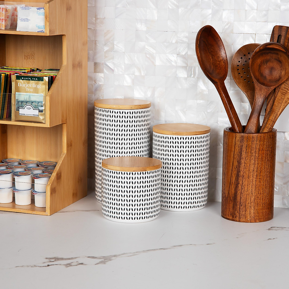 Mind Reader Small, Medium, Large Ceramic Lids, 3 pc Round Canister Sets, Food Storage Jar Container, White/black, One Size