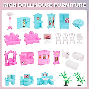 deAO Doll House Dollhouse - 3 Story 9 Rooms Pink DIY Pretend Play Building Playset, Dollhouse Asseccories and Furniture,Gift for 6 7 8 9 Girls Toddler