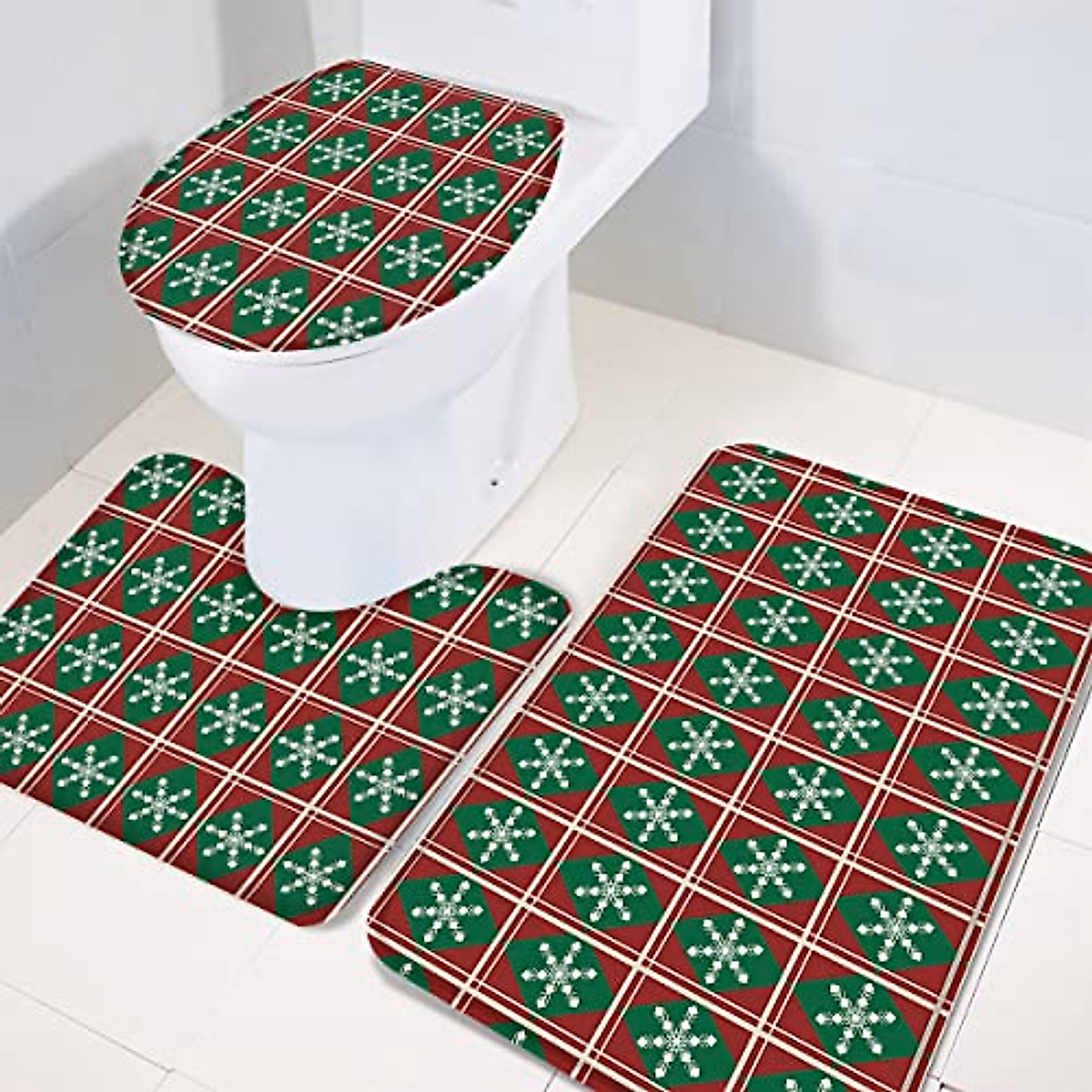 Christmas Bath Rugs for Bathroom Set 3 Piece Snowflake Red Green Diamond Plaid Non-Slip Washable Memory Foam Absorbent Bath Mat Rugs for Tub Shower,U-Shaped Toilet Floor Mats,Toilet Lid Cover
