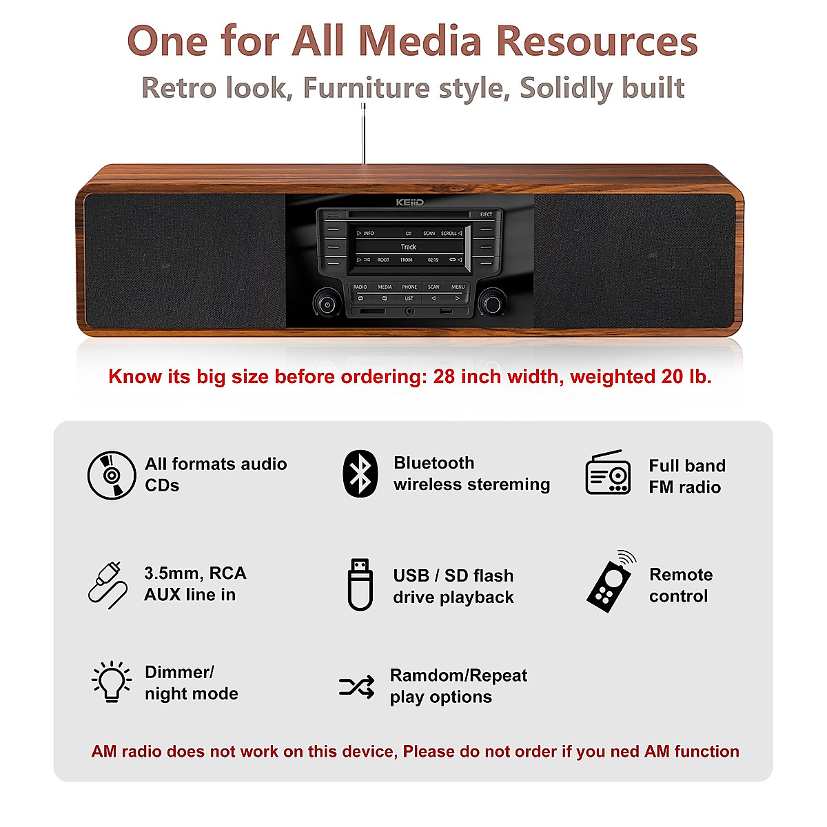 KEiiD CD Player with Speakers Bluetooth for Home Stereo System Boombox FM Radio USB SD AUX Remote Control, 28 Inch Long 20 Pounds Weight