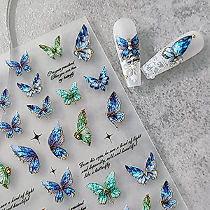 Butterfly Nail Art Stickers Decals 5D Embossed Nail Decals Blue Green Butterfly Stereoscopic Nail Design Stickers Relief Butterfly Acrylic Self Adhesive Nail Supplies for Women Manicure Decoration