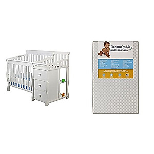 Dream On Me Jayden 4 in 1 Convertible Portable Crib w/ Changer with Dream On Me 3 Portable Crib Mattress, White