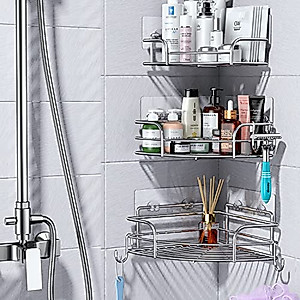 3 Pack Corner Shower Caddy: Stainless Steel No-drilling Bathroom Organizer for All 90° Corners- Installed in Minutes, Heavy Duty Shower Shelves for Storage- 6 Metal Hooks with Caps, 2 Extra Adhesives