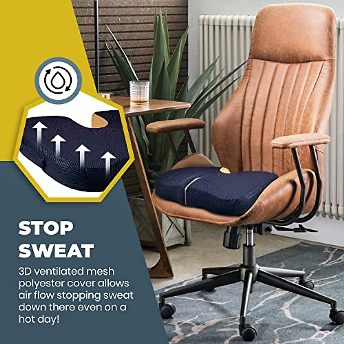 THERALUX Sciatica Pillow for Sitting Pain Relief - Memory Foam Car Seat Cushion for Office Desk Chair - Butt and Lower Back Support