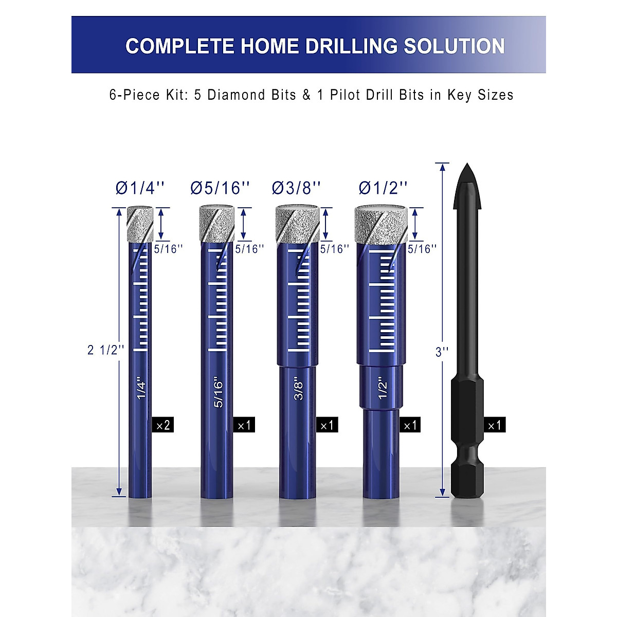 6 PCs Diamond Drill Bits Set for Porcelain, Ceramic, Glass & More - Versatile Tile Drill Bits for Efficient, Precise Drilling
