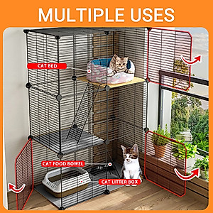 IKARE Cat Cage DIY Indoor Pet Home Small Animal House Detachable Playpen with 3 Doors 3 Tiers for Kitten Puppy Bunny Exercise. (Black，27.6 x 27.6 x 41.3Inch)