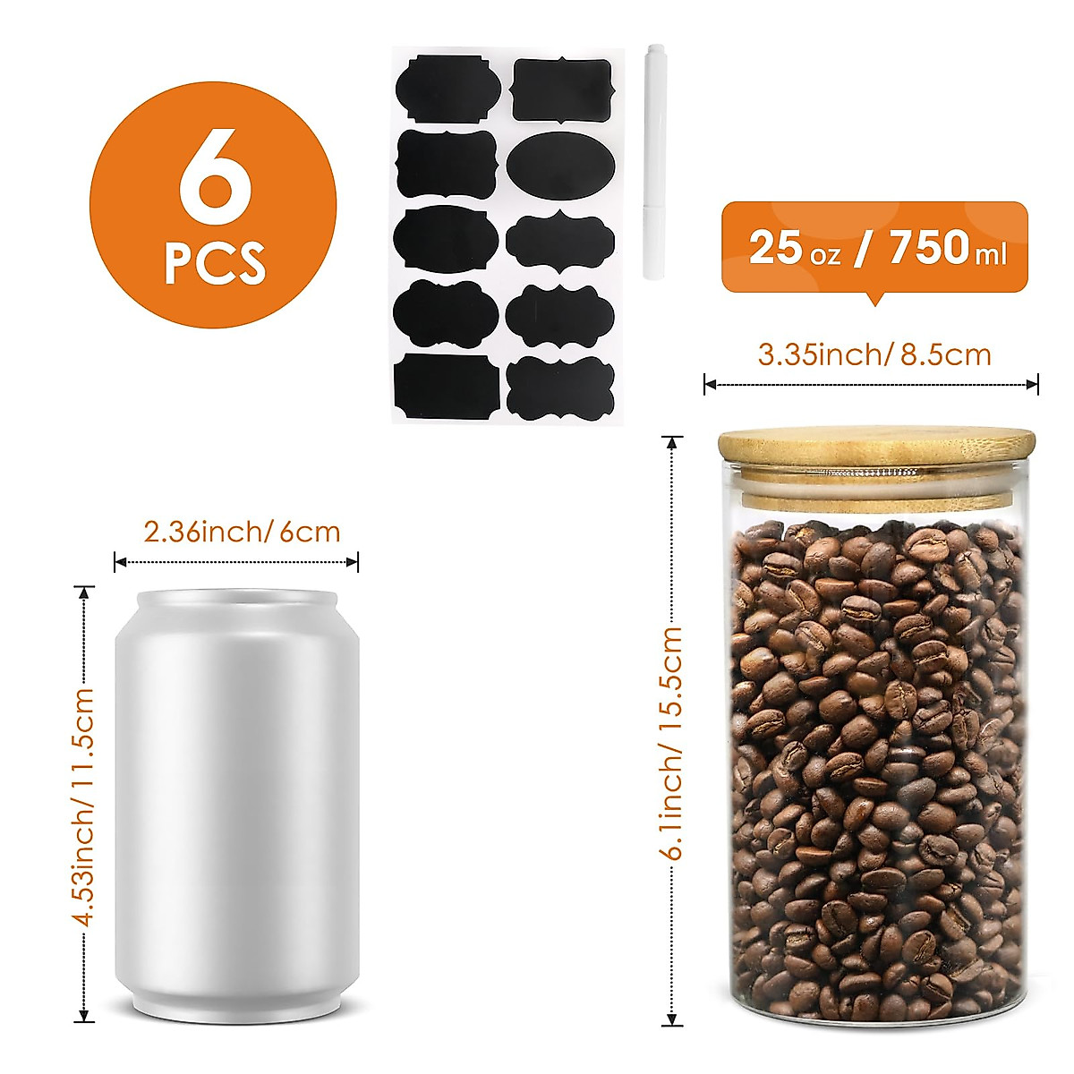 Hoanra 25oz Glass Jars with Airtight Bamboo Lids and Labels, Glass Food Storage Containers for Kitchen Pantry Organization for Coffee Tea Candy Cookie Nuts（6 Pack）