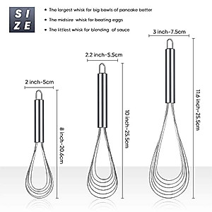 3 Pieces Stainless Steel Kitchen Flat Whisk Set 8 Inch, 10 Inch and 11.6 Inch Stainless Steel Flat Wire Egg Utensils Whisk 6 Wires Egg Mixing Whisk for Cooking Blending Whisking Beating Stirring
