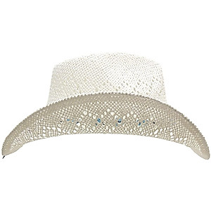 Vamuss Straw Cowboy Hat for Women with Beaded Trim and Shapeable Brim, White-Blue