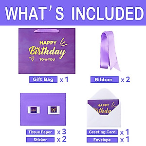 13" Large Purple Painting Gift Bag Set with Greeting Card and Lavender Tissue Papers (Gold Foil Happy Birthday) for Women's Birthday Party, Girls' Birthday Parties, Baby Shower, Baby Girl -