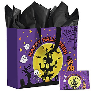 JEWOU Purple Halloween Party Gift Bag Halloween Birthday Gift Bag with Tissue Paper and Card Halloween Night Pumpkin Cat Ghost Wrapping Bat-Themed Favor Bag Halloween Wrapping Paper for Trick or Treat