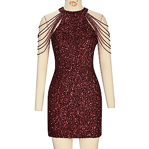 KELYWELL Women's Sequins Halter Neck Bodycon Mini Dress Sleeveless Tassel Glitter Slim Fitted Party Cocktail Short Dress (02 Wine Red,XX-Large)