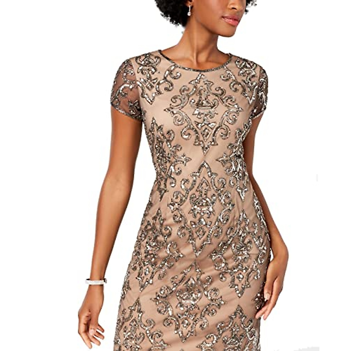 Adrianna Papell Women's Short Fully Beaded Dress, Lead/Nude, 2