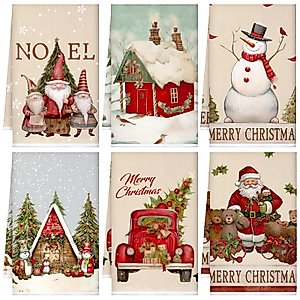 Sratte 6 Pcs Christmas Kitchen Towels Vintage Winter Dish Towels Absorbent Snowman Santa Claus Bathroom Hand Towels Decorative Xmas Tea Towel Christmas Decoration for Kitchen Bathroom