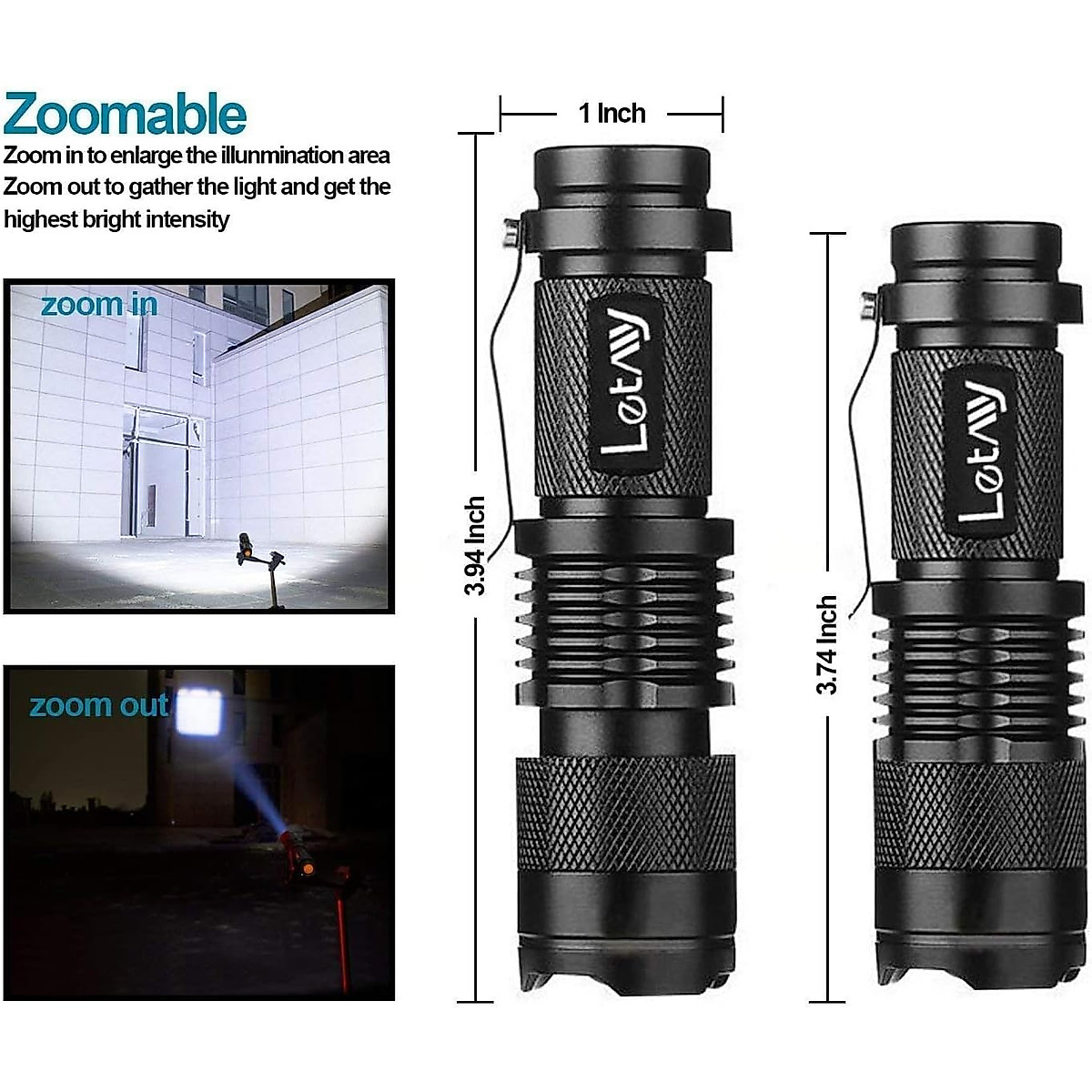 LETMY Tactical Flashlight, Super Bright LED Mini Flashlights with Belt Clip, Zoomable, 3 Modes, Waterproof - Best EDC Flashlight for Gift, Hiking, Camping, Hurricane & Power Outage (2 Pack)