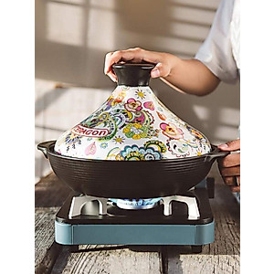 MYYINGBIN Flower Pattern Moroccan Tagine Pot Enameled Cast Iron Casserole Non Stick Saucepan Exotic Stew Pot with Lid, A, 2L