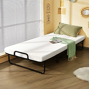 GORELAX Folding Bed with Mattress for Adults, Twin Size Small Portable Bed Set w/Metal Bed Frame & 4” Memory Foam Mattress, Foldable Bed Sleeping Cot Bed on Lockable Wheels, Rollaway Guest Bed