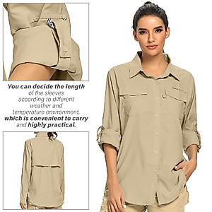 Women's UPF 50 Long Sleeve Safari Shirts,Sun Protection Quick Dry Outdoor Fishing Hiking Gardening Shirt,F5026,Khaki,L