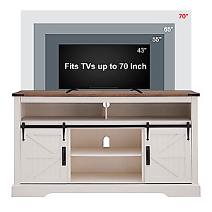 OKD Farmhouse TV Stand for 65+ Inch TV, 33" Tall Highboy Entertainment Center w/Sliding Barn Door, Rustic Media Console w/Storage Shelves, Wood Television Stand for Living Room, Antique White