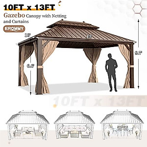 EROMMY 10'x13' Hardtop Gazebo Double Roof Galvanized Steel Canopy Outdoor Aluminum Frame Permanent Metal Pavilion with Netting and Curtains for Patio Backyard Deck and Lawns