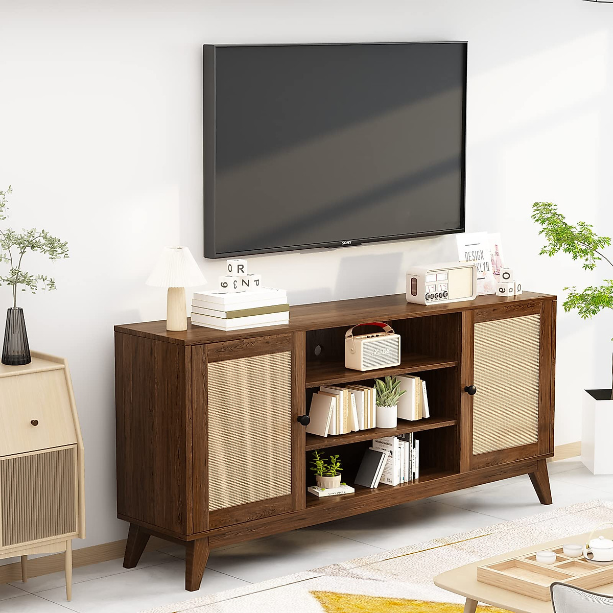 AWQM Rattan TV Stand for 65 Inch TV, TV Console Table with 2 Rattan Doors, Modern Entertainment Center with Storage Cabinet and Open Shelves, for Living Room, Bedroom, Walnut