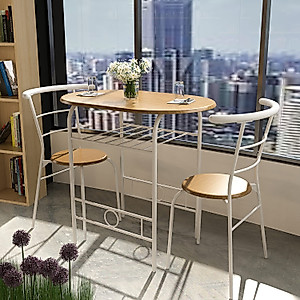 Bonzy Home 3 Piece Dining Table Set for 2, Bistro Table and Chairs for Kitchen, Outdoor and Indoor Pub, Bar Set, Balcony Furniture, Compact Space and Steel Frame, Built-in Wine Rack, Patio Decor