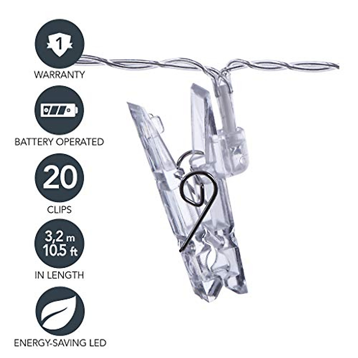 Sterno Home GL42589 LED Battery-Operated Clip String Lights, 10.5 Feet, Warm White Cord