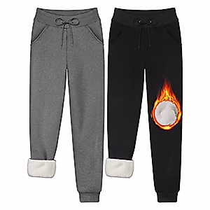 URATOT 2 Pack Women's Sherpa Lined Sweatpants with Pockets Winter Warm Jogger Sweatpants Athletic Fleece Lined Pants Black, Dark Grey