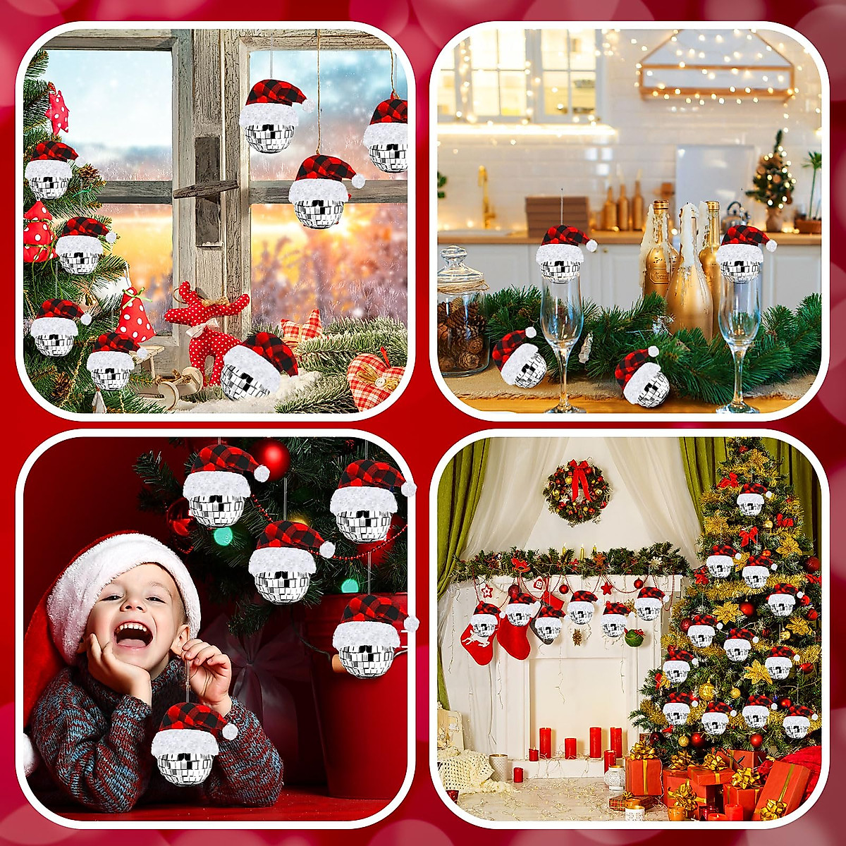 12 Pcs Mini Disco Ball Christmas Ornaments Disco Mirror Ball Tiny Disco Ball Bright Reflective Mirror Christmas Balls for Christmas Disco Party Decoration 1.97'' (Silver,Ball with Plaid Santa Hat)