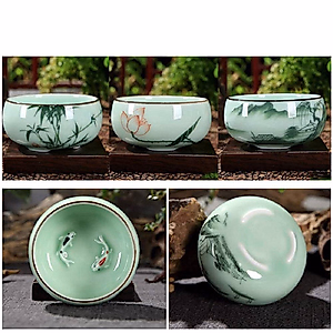 Hotumn Celadon Teacup Porcelain Chinese kungfu Teacup Fishes and Lotus Pattern set of 3