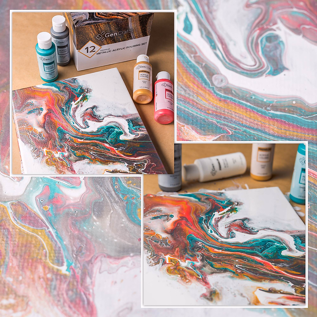 GenCrafts Metallic Acrylic Pouring Paint - Set of 12 Metallic Colors - Pre-Mixed High Flow & Ready to Pour - 2 oz./ 59 ml Bottles - Multi-purpose Paints for Canvas & Paper, Rocks, Wood and More